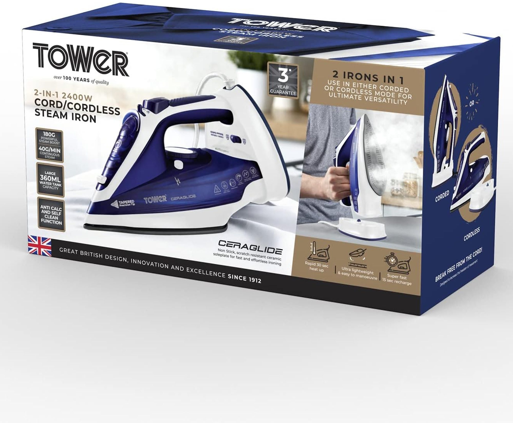 Tower CeraGlide 2400W Cord Cordless Steam Iron | Aldiss