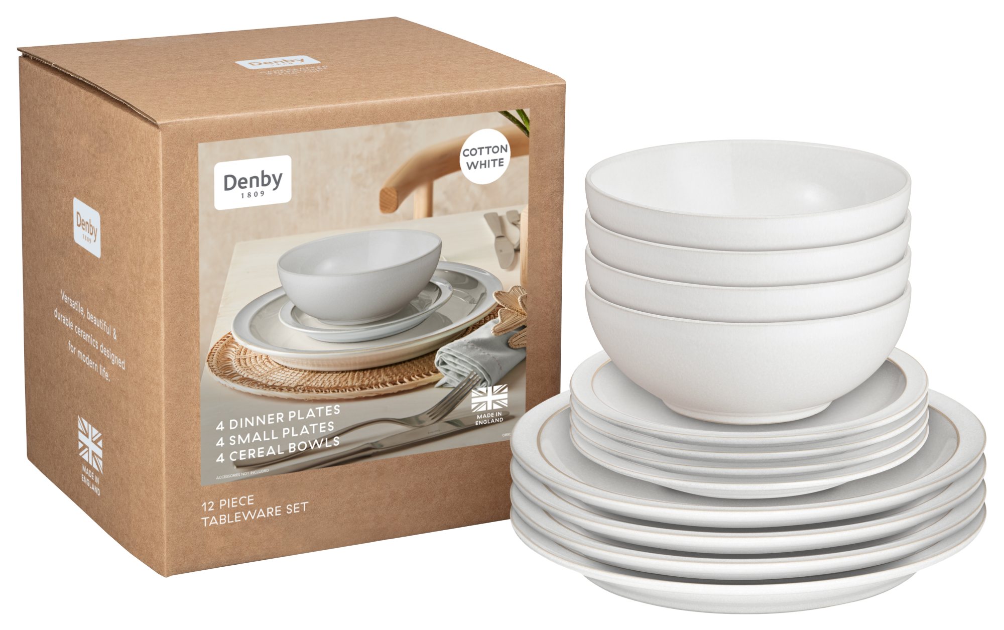Denby Cotton White 12 Piece Dinner Set | Aldiss of Norfolk