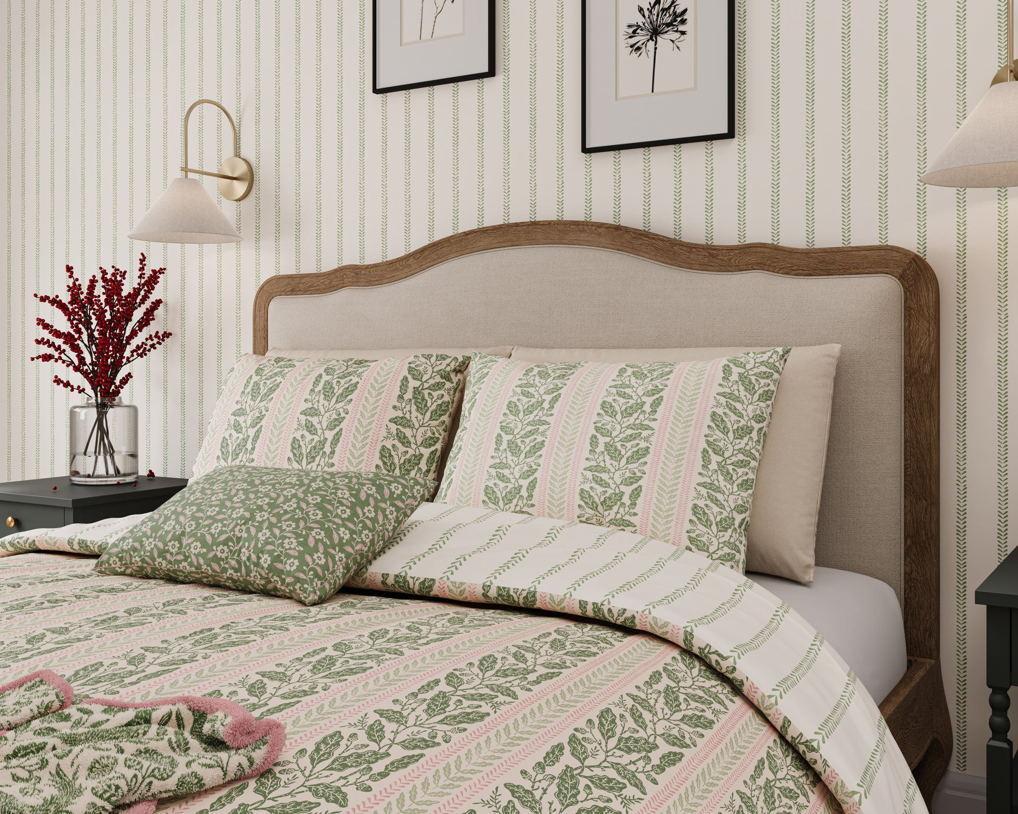 Helena Springfield Oak Stripe Green Pink Duvet Cover Set - Aldiss