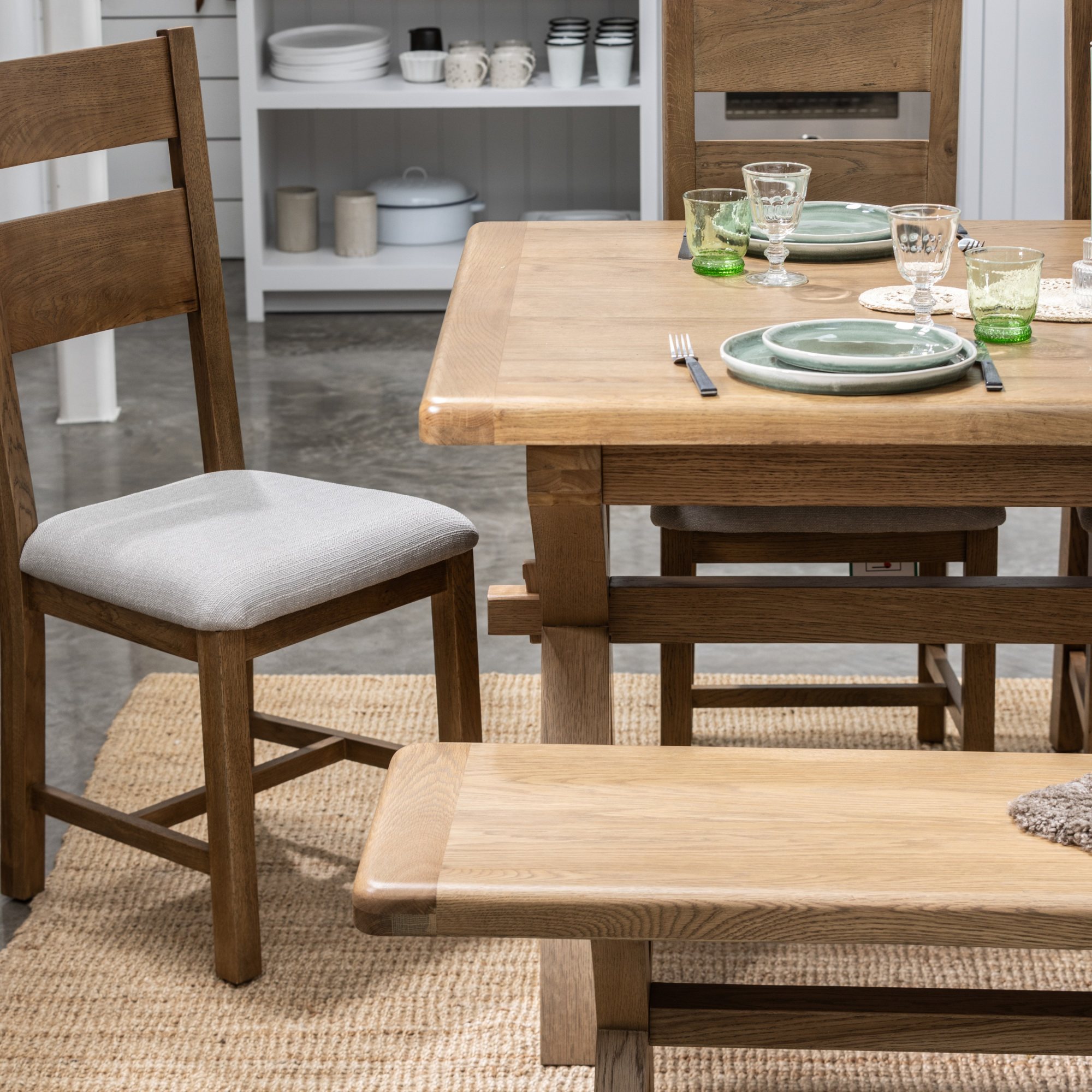 Manor Oak 2m Extending Tbl, 3 Ladder Chairs & Bench | Aldiss