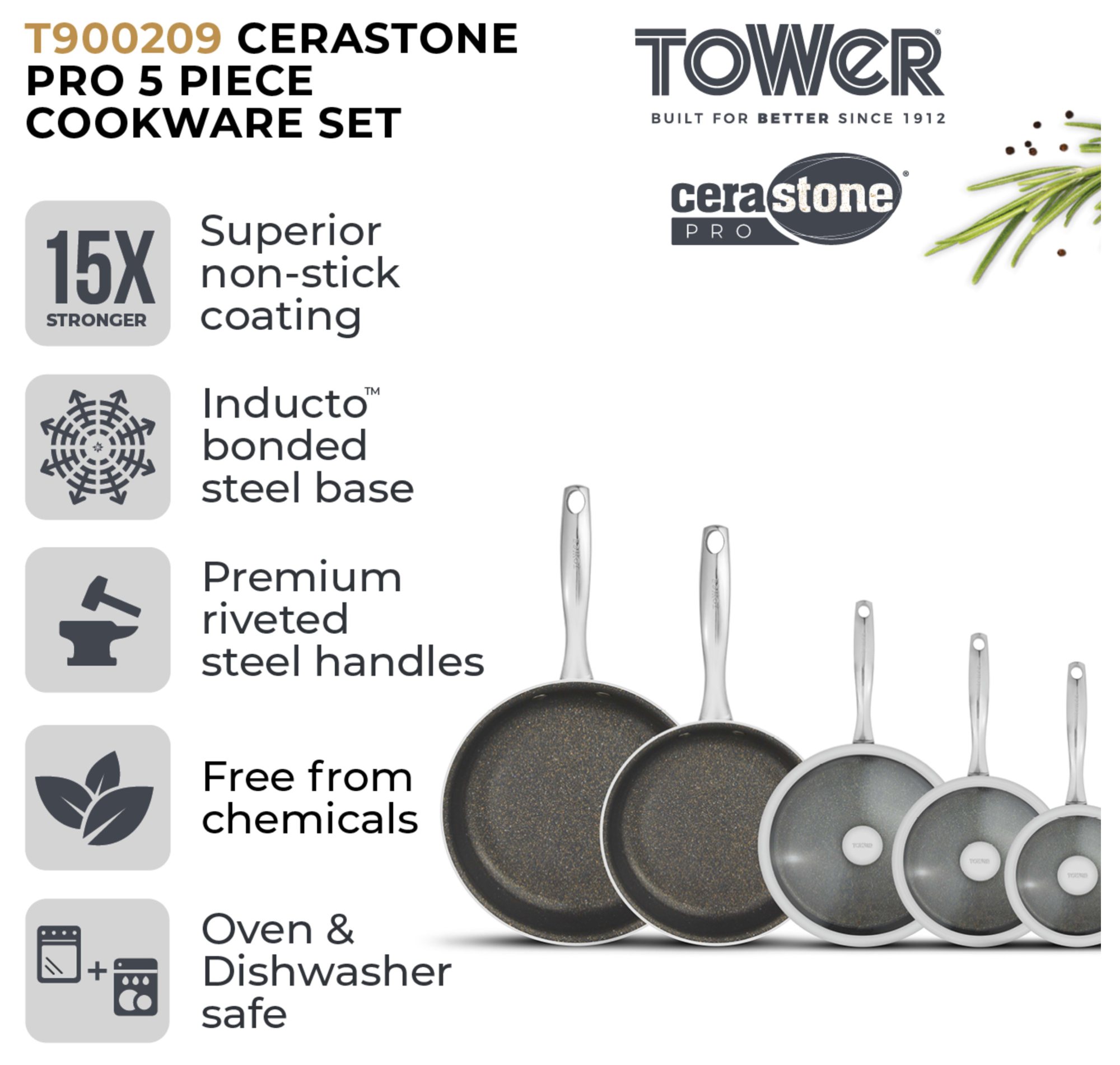 Tower Cerastone Pro 5 Piece Cookware Set | Aldiss of Norfolk